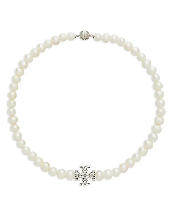 Tory Burch Kira Pave Double T & Cultured Freshwater Pearl Collar Necklace - White/silver