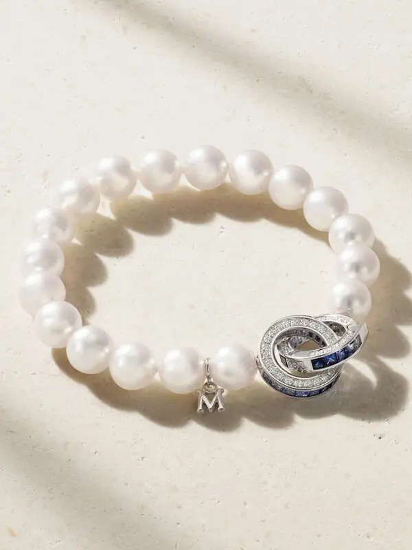 Mikimoto 18-karat White Akoya Pearl Bracelet With Diamond And Sapphire - Gold