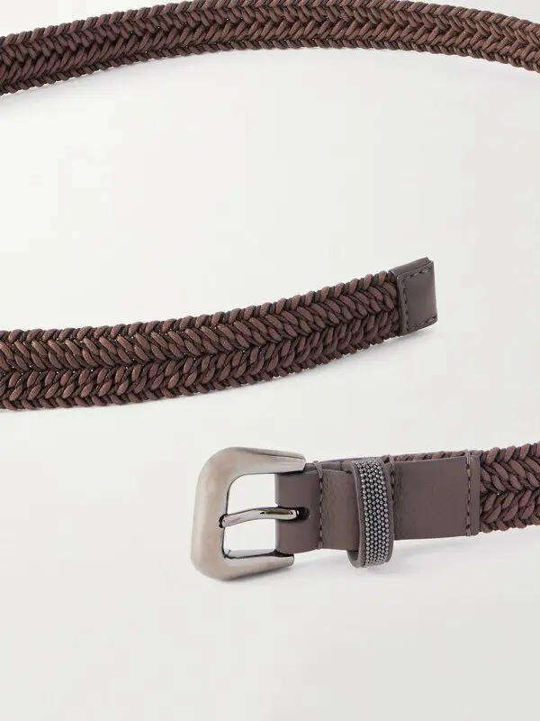 Brunello Cucinelli Bead-embellished Leather-trimmed Woven Belt