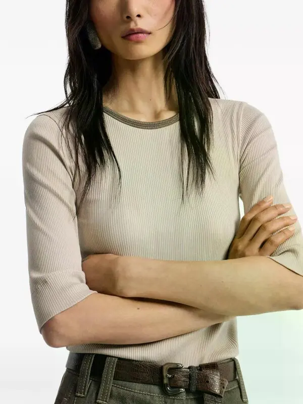 Brunello Cucinelli Ribbed Trim Top - Neutrals