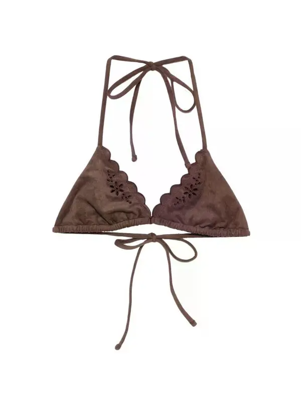 Frankies Bikinis Floral Appliqué Scalloped Bikini Top - Brown