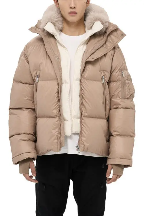 ALPHA STYLE Detachable Double Hood Puffer - Beige