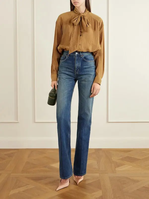 Saint Laurent Pussy-bow Crinkled-taffeta Blouse - Brown