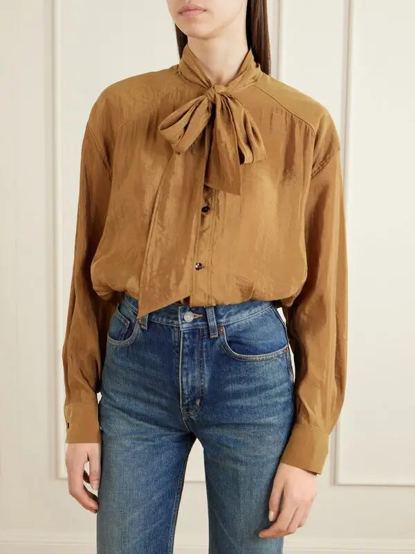 Saint Laurent Pussy-bow Crinkled-taffeta Blouse - Brown