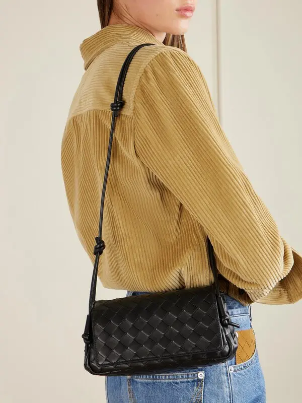 Bottega Veneta Notturno Intrecciato Leather Shoulder Bag - Black
