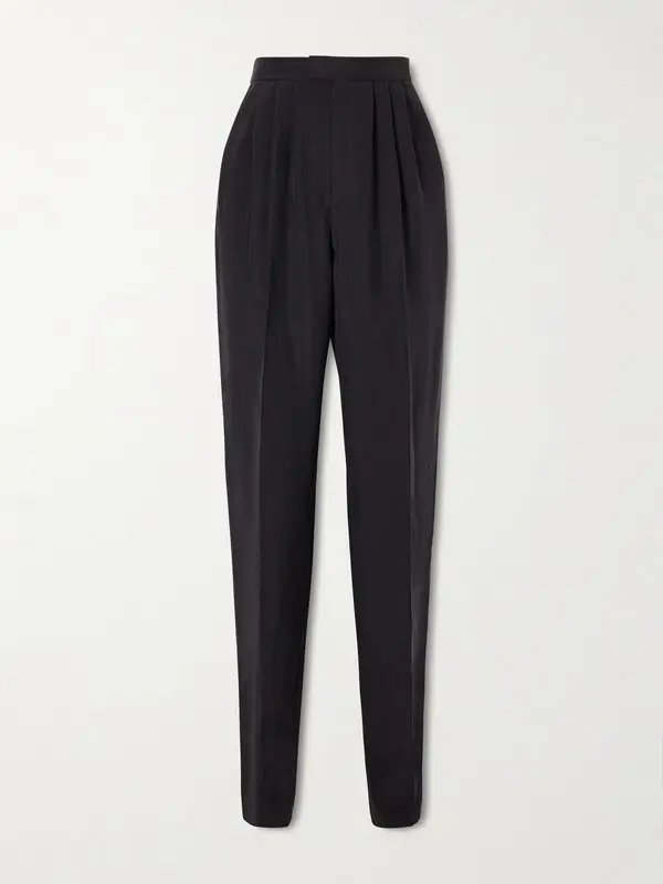 Saint Laurent Pleated Silk-habotai Straight-leg Trousers - Black