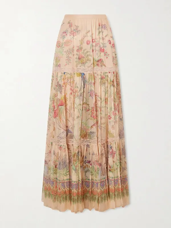 Etro Tiered Pleated Lace-trimmed Printed Silk Maxi Skirt - Multi