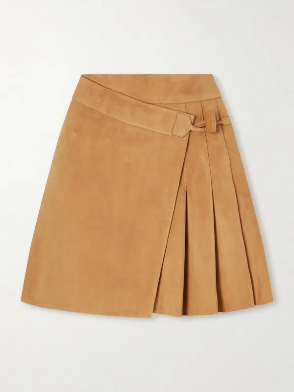 Loewe Pleated Suede Mini Wrap Skirt - Brown
