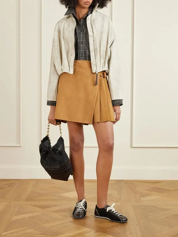 Loewe Pleated Suede Mini Wrap Skirt - Brown