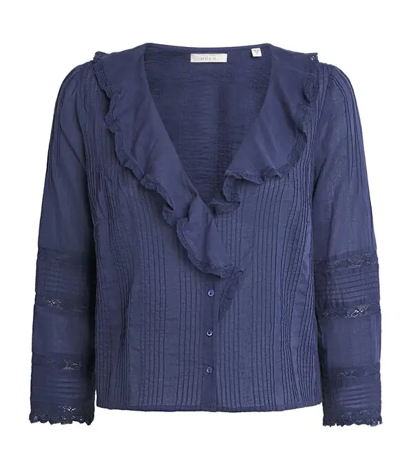 DÔEN Organic Cotton Lace-trim Huguette Blouse - Navy