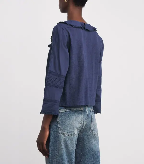 DÔEN Organic Cotton Lace-trim Huguette Blouse - Navy