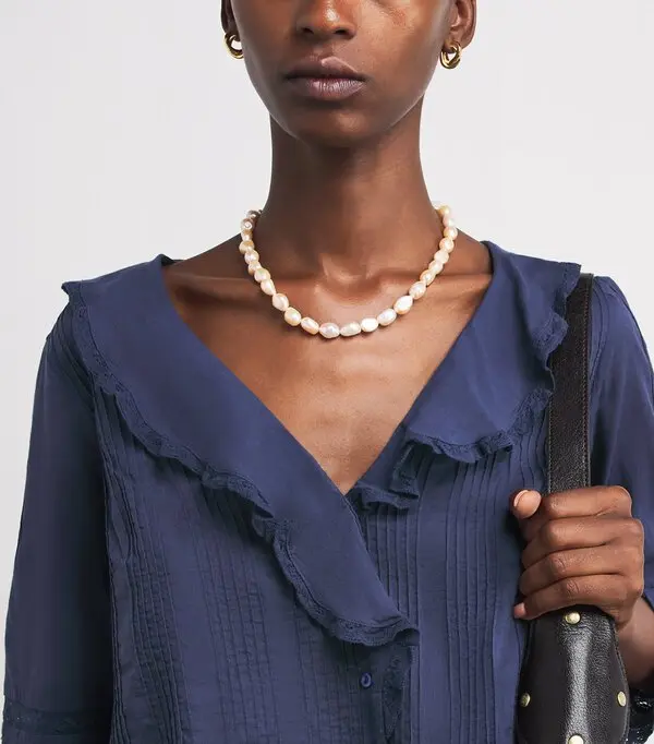 DÔEN Organic Cotton Lace-trim Huguette Blouse - Navy