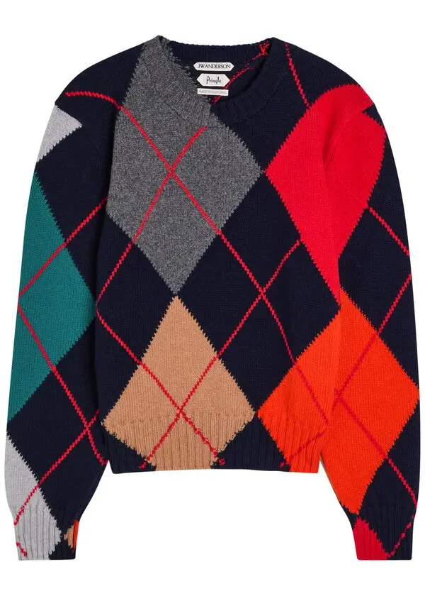 JW Anderson Argyle Crew-neck Wool Jumper - Navy