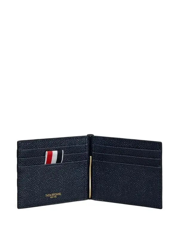 Thom Browne Money Clip Wallet W/ Side 4 Bar Stripes In Pebble Grain Leather - Navy