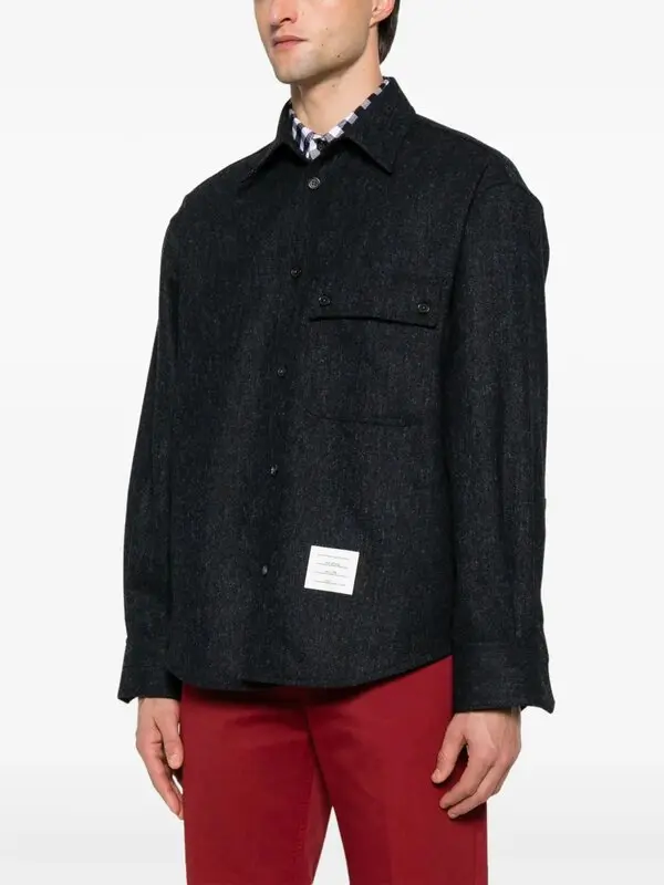 Thom Browne Oversized Pc Shirt W/ Double Needle In Solid Donegal Tweed - Navy