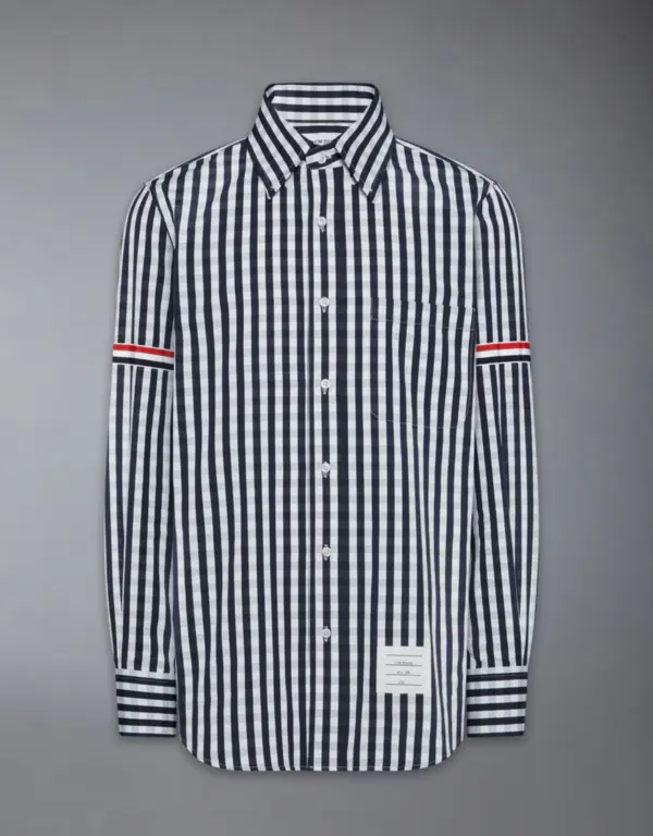 Thom Browne Straight Fit Pc L/s Shirt W/gg Armband In Gingham Check Poplin - Navy