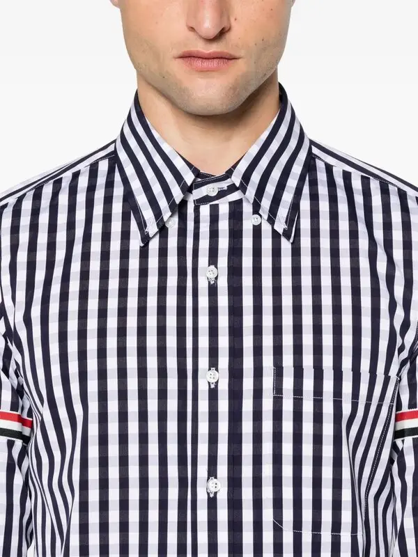 Thom Browne Straight Fit Pc L/s Shirt W/gg Armband In Gingham Check Poplin - Navy
