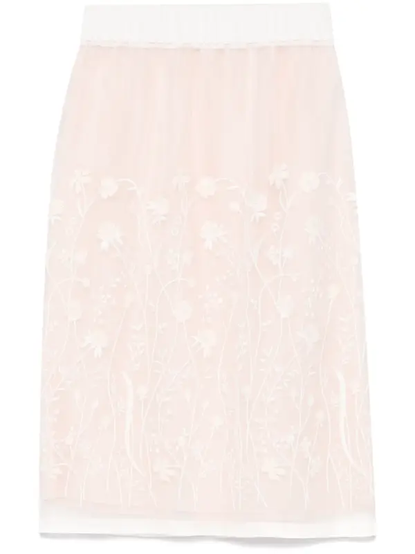 PAROSH Sorgente Floral Embroidered Midi Skirt - Panna