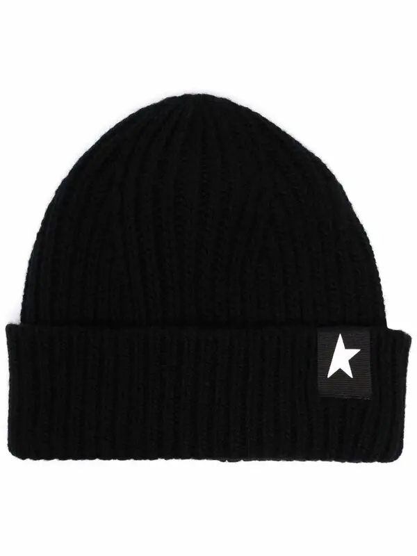 GOLDEN GOOSE Star Patch Ribbed Knit Beanie - Black