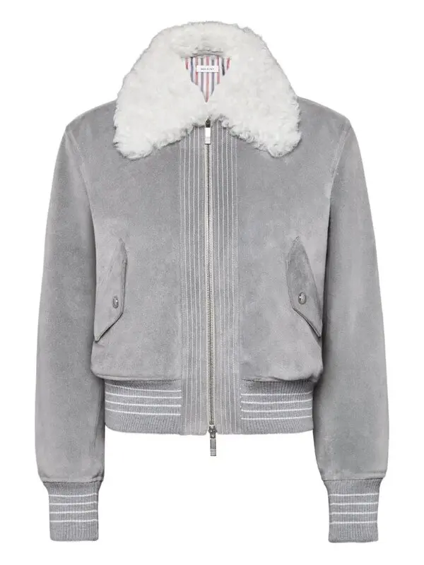 Thom Browne Cropped Flight Jacket With Shearling Collar - Med Grey