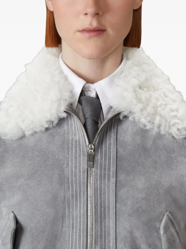 Thom Browne Cropped Flight Jacket With Shearling Collar - Med Grey