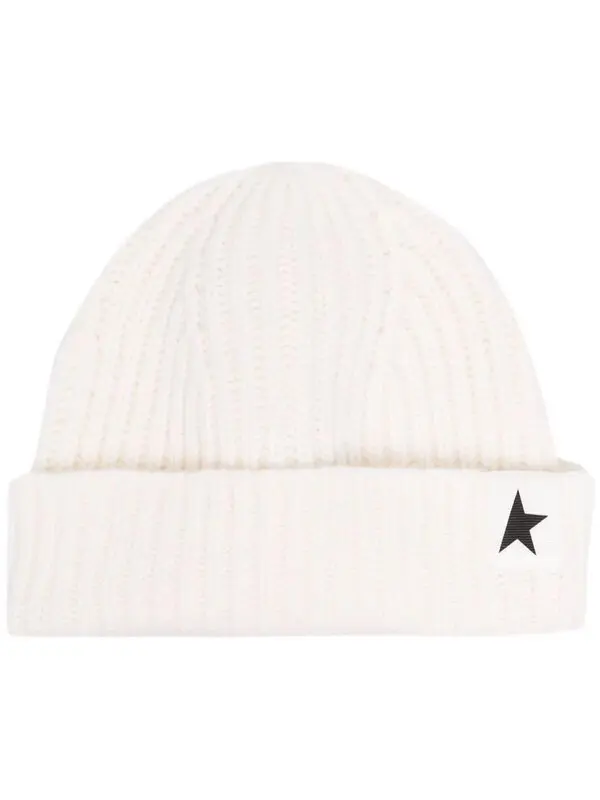 GOLDEN GOOSE Ribbed Knit Beanie With Star Applique - Offwhite