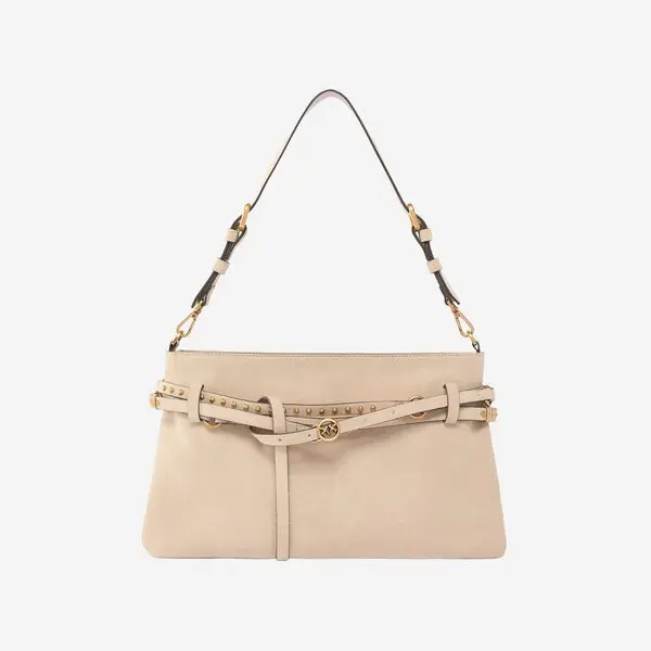 Pinko Suede Shoulder Bag With Love Birds Buckle - Beige