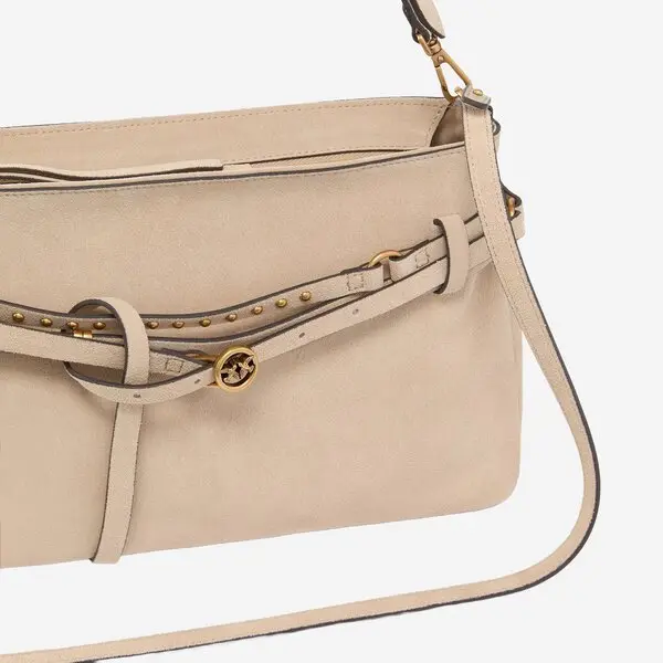 Pinko Suede Shoulder Bag With Love Birds Buckle - Beige
