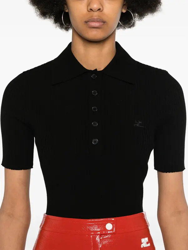 COURREGES Polo Signature Rib Knit Top - Black