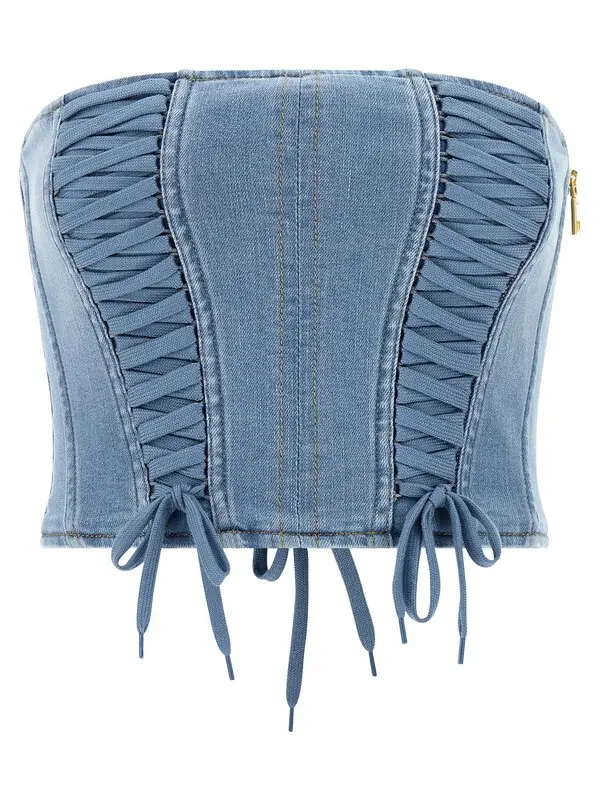 Elisabetta Franchi Denim Bustier Top - Light Blue