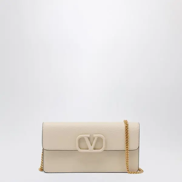 Valentino Garavani Vlogo Light Ivory Leather Chain Wallet - White