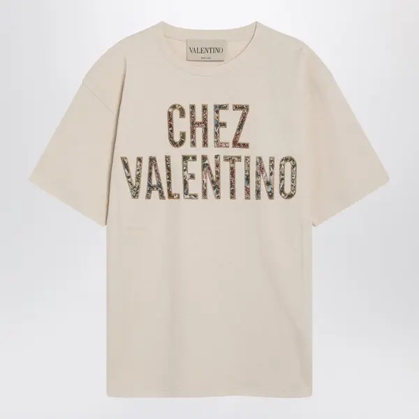 Valentino Garavani Cotton T-shirt With Floral Chez Motif - Beige