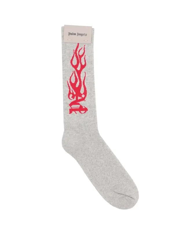 Palm Angels Flames Jacquard Socks - Grey Melange - Red