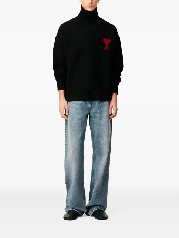 Ami Heart Motif Funnel Neck Knit Pullover