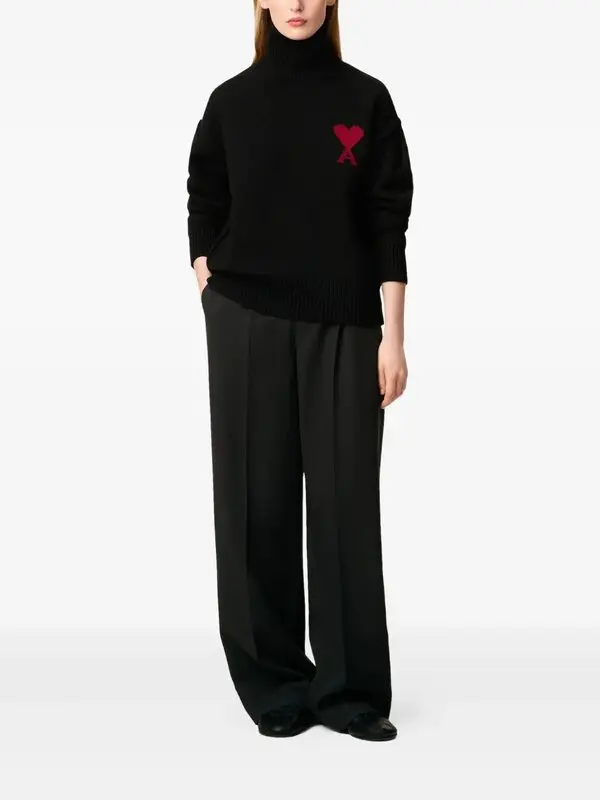 Ami Heart Motif Funnel Neck Knit Pullover