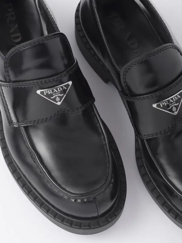 Prada Chocolate Brushed Leather Loafers - Nero