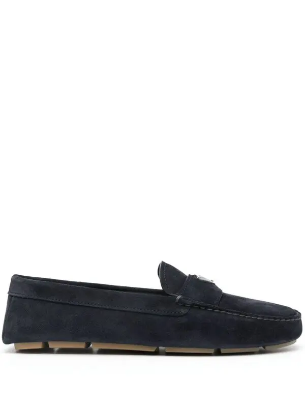 Prada Enamel Triangle Logo Suede Loafers - Bleu