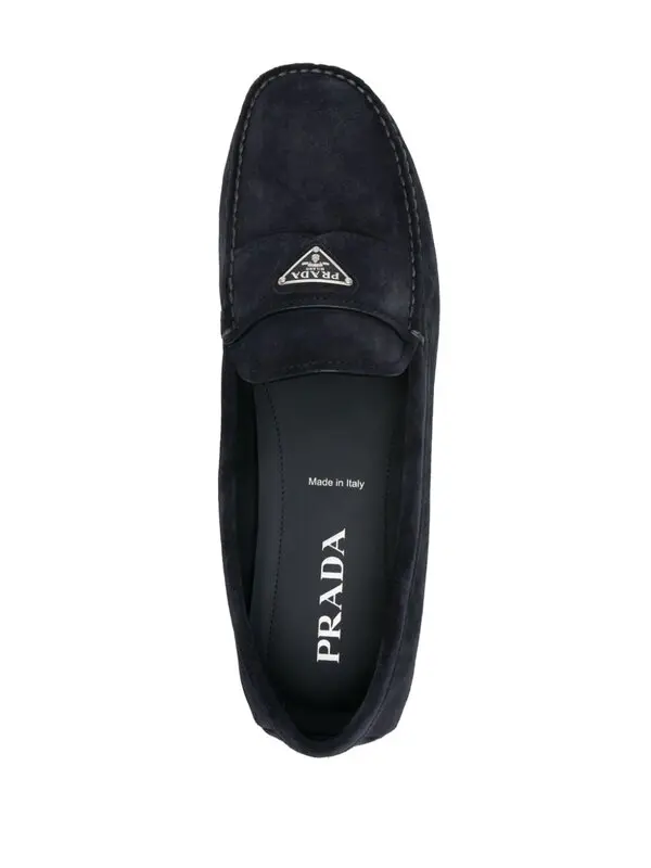 Prada Enamel Triangle Logo Suede Loafers - Bleu