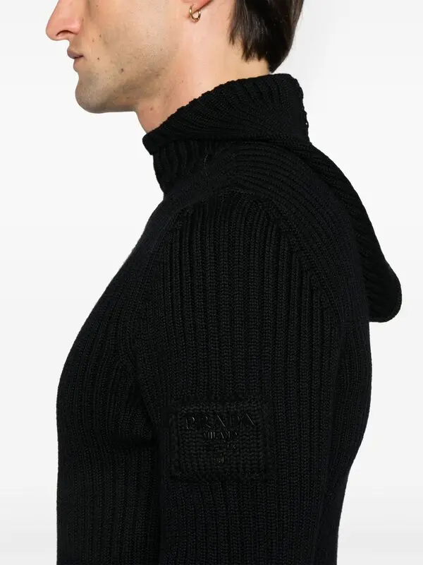 Prada Ribbed Virgin Wool Knit Hoodie