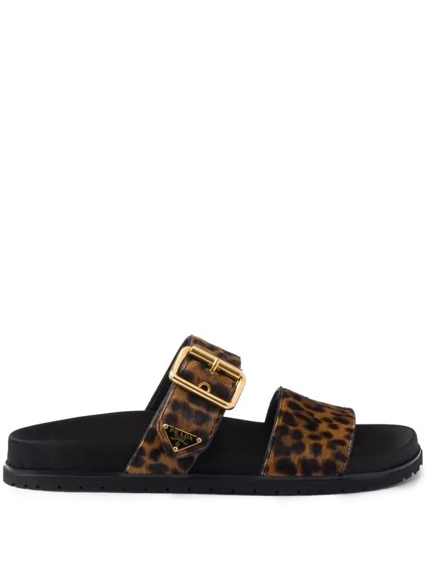 Prada Triangle Logo Animal Print Slides - Miele