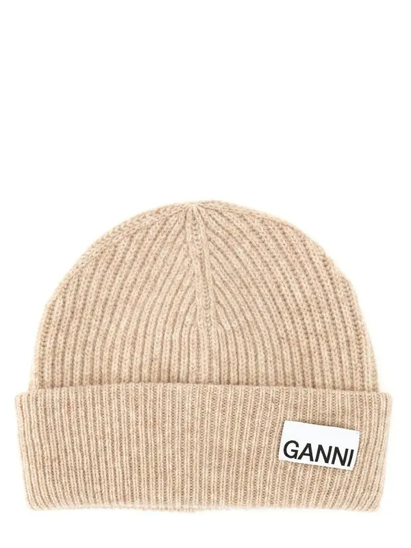 GANNI Ribbed Beanie - Beige
