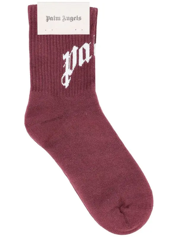 Palm Angels Curved Logo Crew Socks - Burgundy - Off White