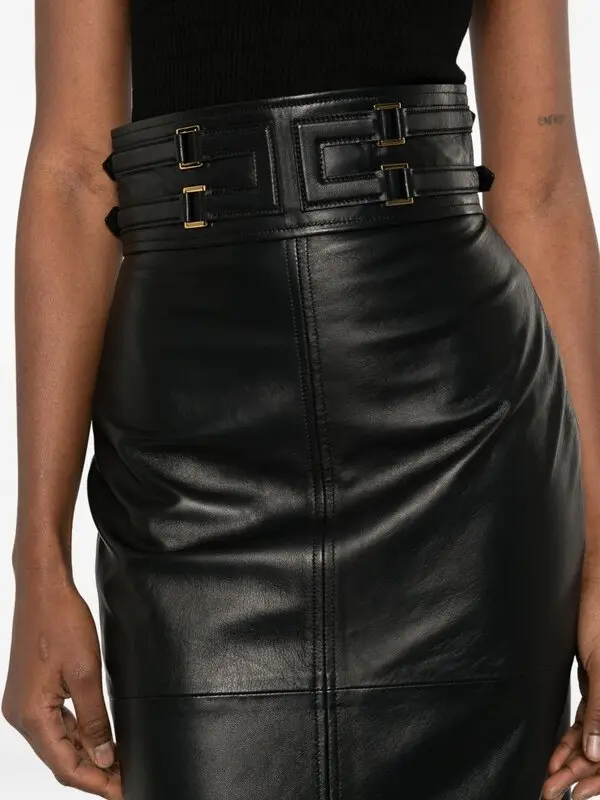 Elisabetta Franchi Leather Midi Skirt - Black