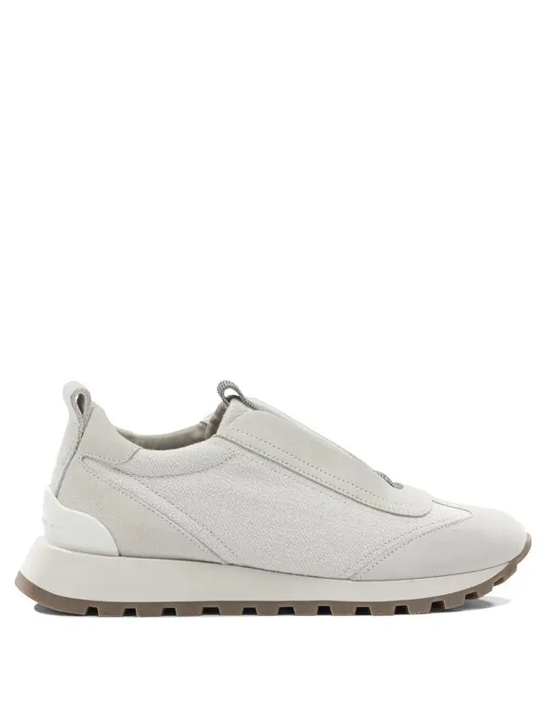 Brunello Cucinelli Canvas And Suede Low-top Sneakers With Embellished Detail - Silver