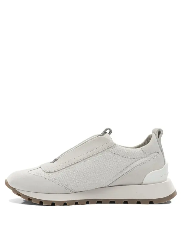 Brunello Cucinelli Canvas And Suede Low-top Sneakers With Embellished Detail - Silver