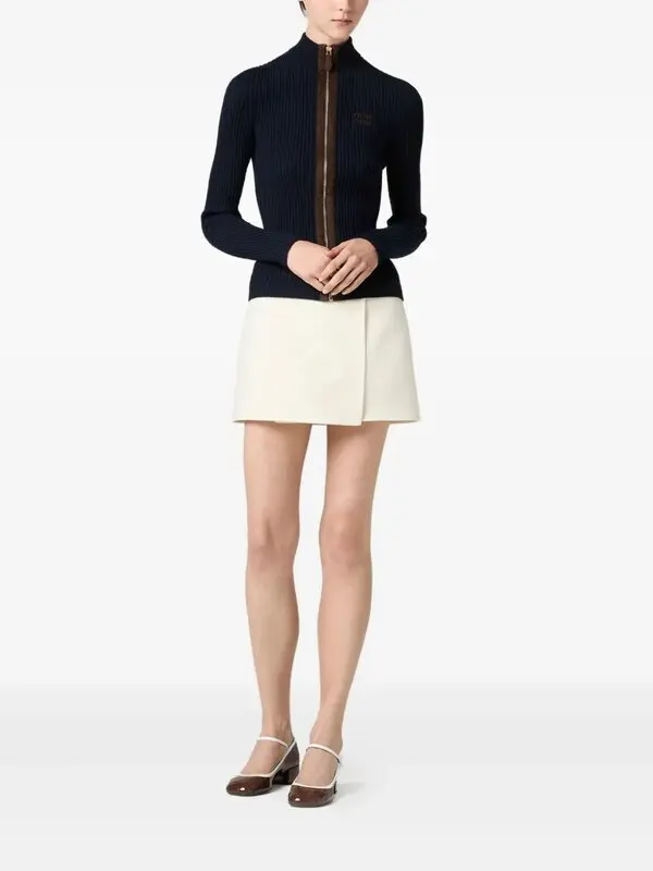 Miu Miu Ribbed Knit Top With Leather Trim - Bleu