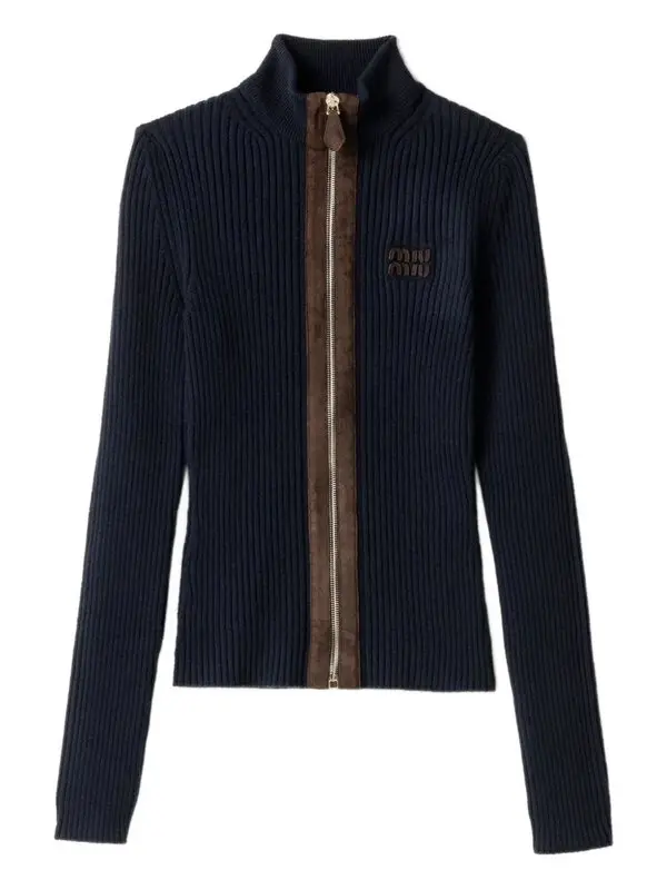 Miu Miu Ribbed Knit Top With Leather Trim - Bleu