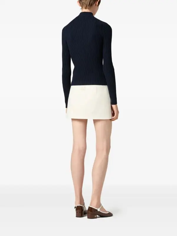 Miu Miu Ribbed Knit Top With Leather Trim - Bleu