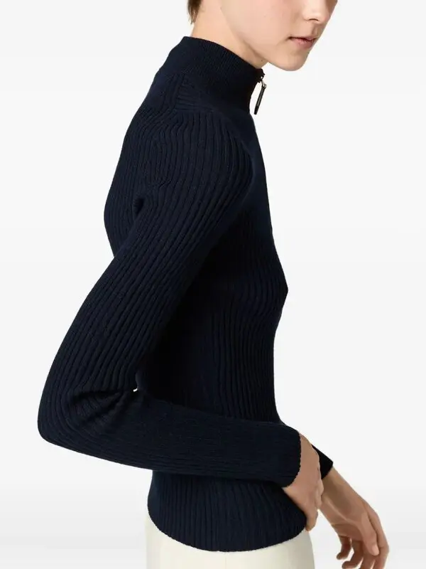 Miu Miu Ribbed Knit Top With Leather Trim - Bleu