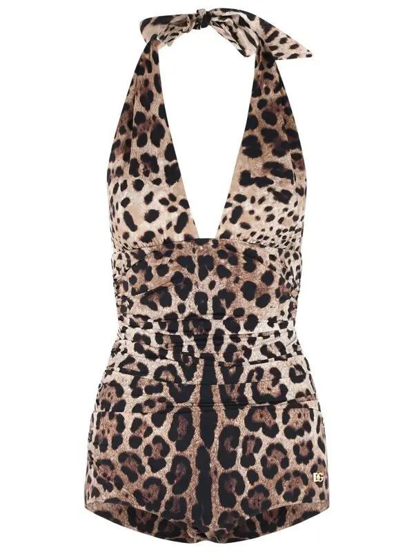 Dolce & Gabbana Leopard Print Stretch Nylon Swimsuit - Brown